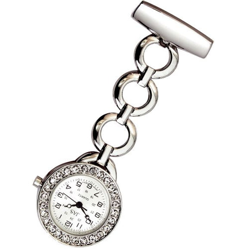 Metallic Pin-on Nurse Watch - Linked Silver -White - Nursewatches.com