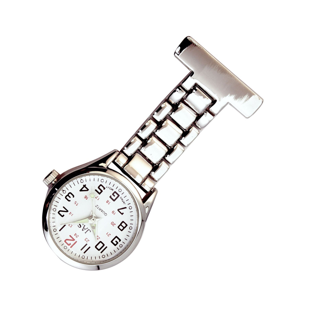 Metallic Pin-on Nurse Watch - Linked Silver -White - Nursewatches.com