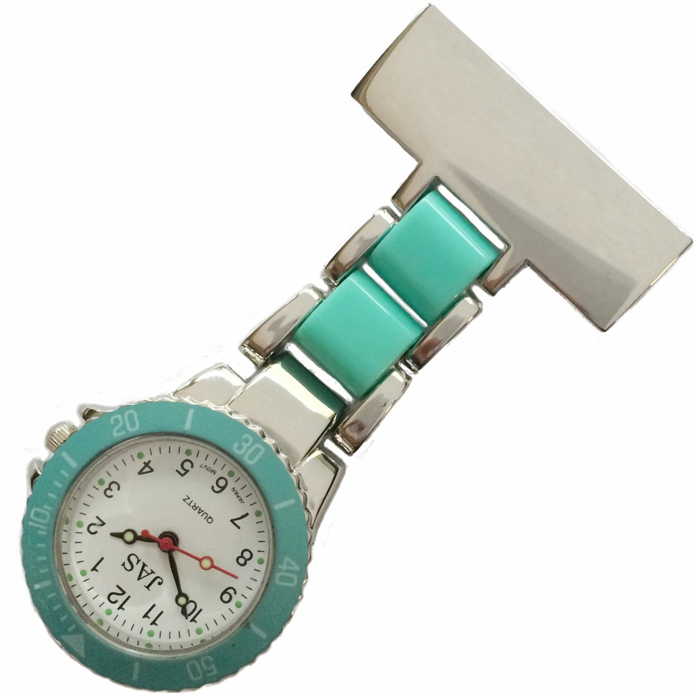 Metallic Pin-on Nurse Watch - Linked Silver -Teal – Nursewatches.com