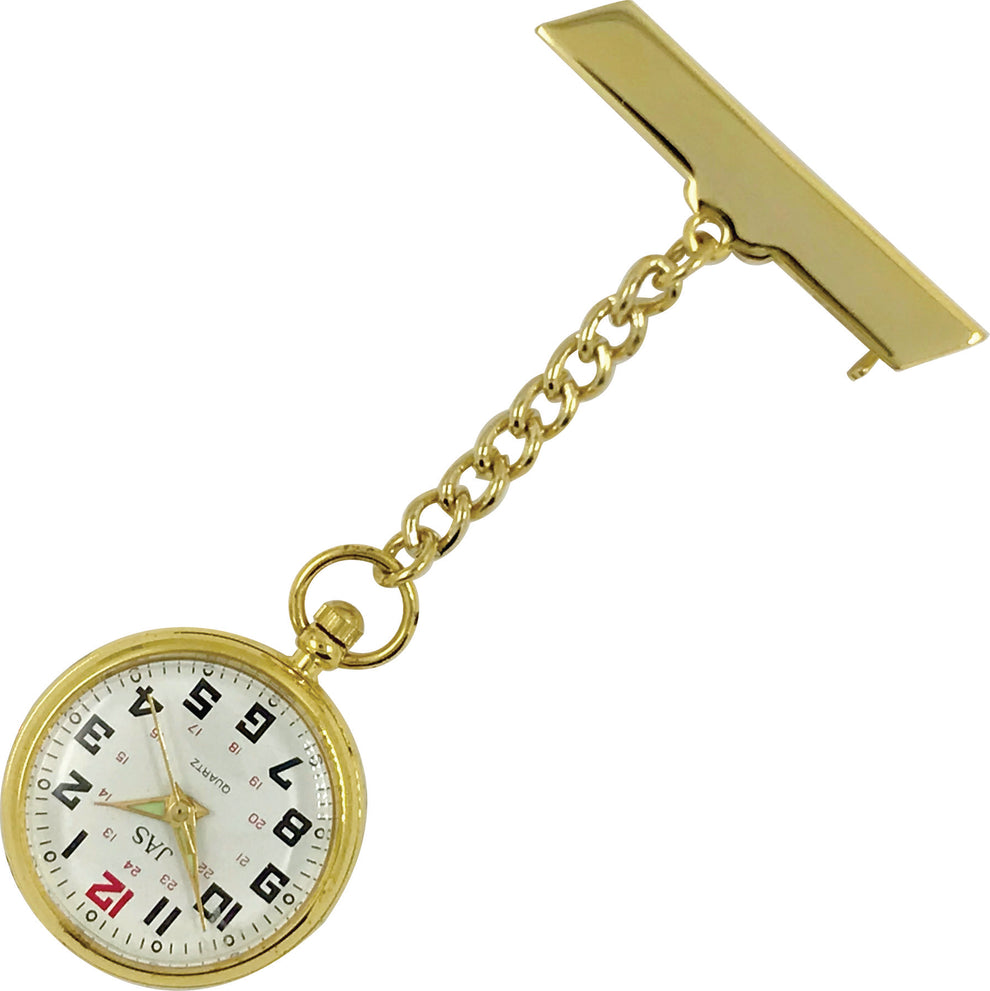 Pin-on Nurse Watch - JAS - Metal Round - Gold – Nursewatches.com